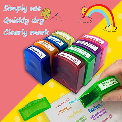 Bertiveny Teacher Stamps for Grading Classroom,Parent Signature Self-Inking Teacher Stamp Set School Supplies Stamps for Homework Reward with 8 pcs Teacher Supplies for Classroom Elementary(Rainbow)