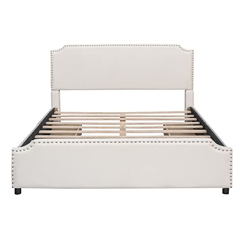HAUSHECK Upholstered Platform Bed Queen Size, Bed Frame with 4 Drawers, Headboard and Footboard, Velvet Fabric, Wooden Slats Support, No Box Spring Needed, Queen Bed Frames for Teens & Adults