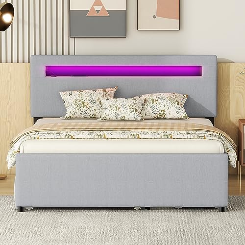 Prohon Bed Frame Queen Size with Twin Size Trundle, 2 Drawers, LED and USB Charging, Upholstered Storage Platform Bed, Large Storage Space Design w/Wooden Slat Support Mattresses Foundation, Gray