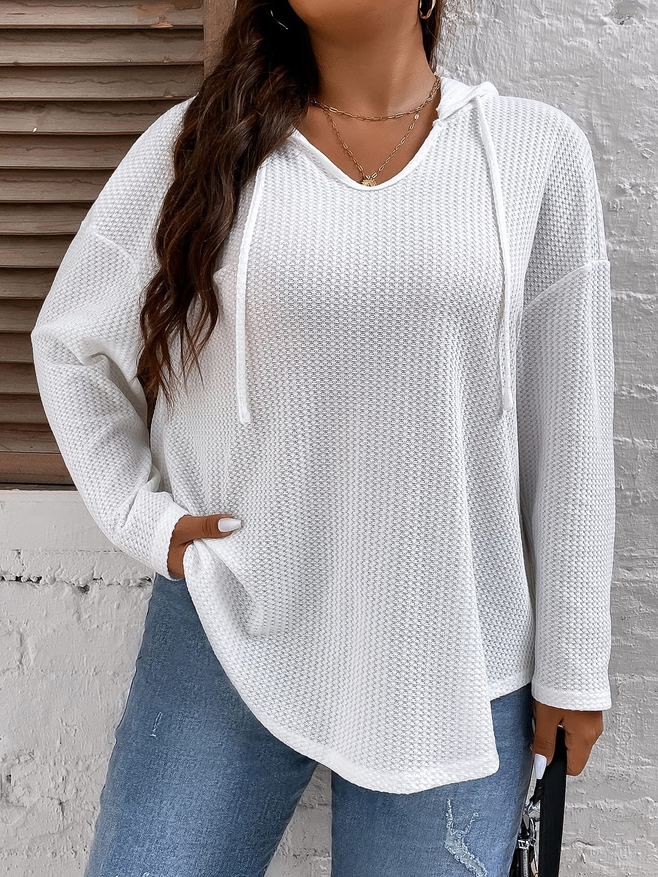 SOLY HUX Women's Plus Size Hoodies Long Sleeve Drawstring Waffle Knit Pullover Sweatshirt Tops Solid White 2XL