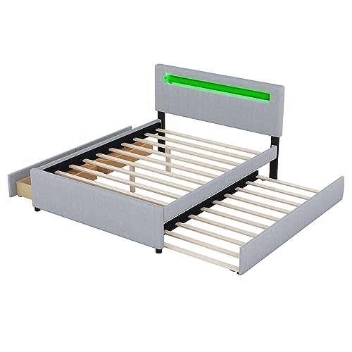 Prohon Bed Frame Queen Size with Twin Size Trundle, 2 Drawers, LED and USB Charging, Upholstered Storage Platform Bed, Large Storage Space Design w/Wooden Slat Support Mattresses Foundation, Gray