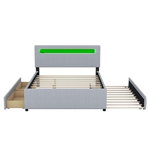 Prohon Bed Frame Queen Size with Twin Size Trundle, 2 Drawers, LED and USB Charging, Upholstered Storage Platform Bed, Large Storage Space Design w/Wooden Slat Support Mattresses Foundation, Gray