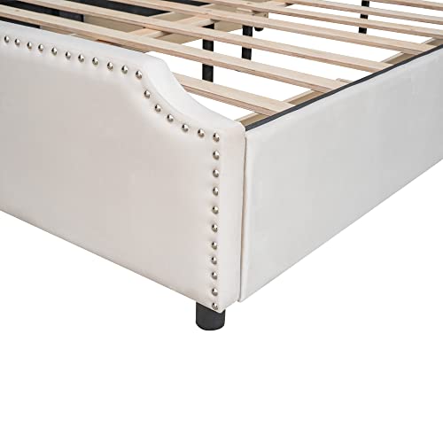 HAUSHECK Upholstered Platform Bed Queen Size, Bed Frame with 4 Drawers, Headboard and Footboard, Velvet Fabric, Wooden Slats Support, No Box Spring Needed, Queen Bed Frames for Teens & Adults