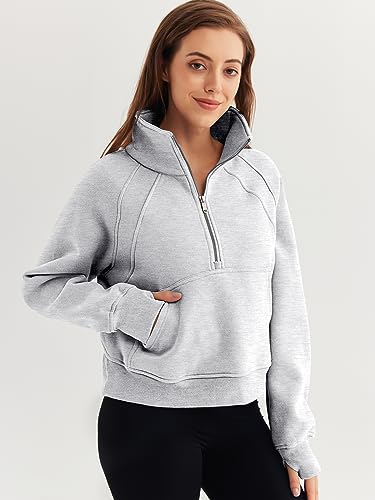 WYNNQUE Womens Quarter Zipper Pullover Oversized Sweatshirts Cropped Fleece Half Zip Hoodies Fall Clothes Sweaters Thumb Hole Grey S