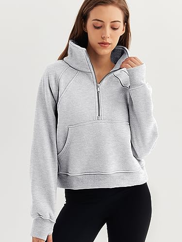 WYNNQUE Womens Quarter Zipper Pullover Oversized Sweatshirts Cropped Fleece Half Zip Hoodies Fall Clothes Sweaters Thumb Hole Grey S