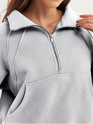 WYNNQUE Womens Quarter Zipper Pullover Oversized Sweatshirts Cropped Fleece Half Zip Hoodies Fall Clothes Sweaters Thumb Hole Grey S