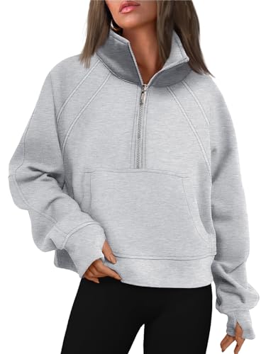WYNNQUE Womens Quarter Zipper Pullover Oversized Sweatshirts Cropped Fleece Half Zip Hoodies Fall Clothes Sweaters Thumb Hole Grey S
