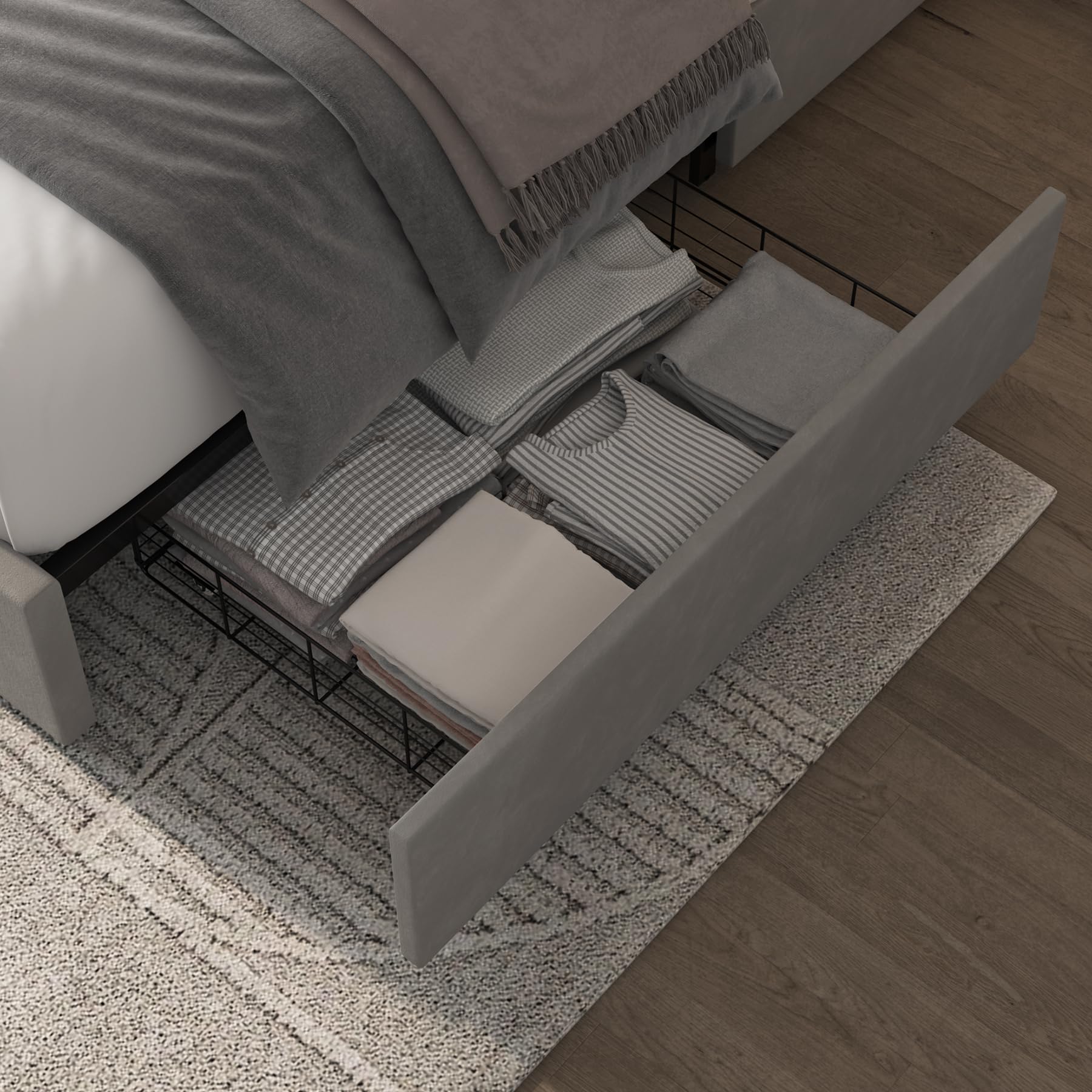 HOSTACK Queen Size Bed Frame with 4 Storage Drawers, Modern Upholstered Platform Bed with Adjustable Headboard,Button Tufted Bed Frame with Wood Slat Support,No Box Spring Needed(Grey, Queen)