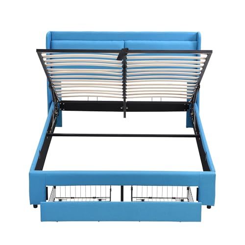 BOVZA Queen Size Lift up Storage Upholstered Platform Bed with 2 Drawers, Modern Wingback Headboard, Hydraulic Storage Bed Frame, Linen Blue