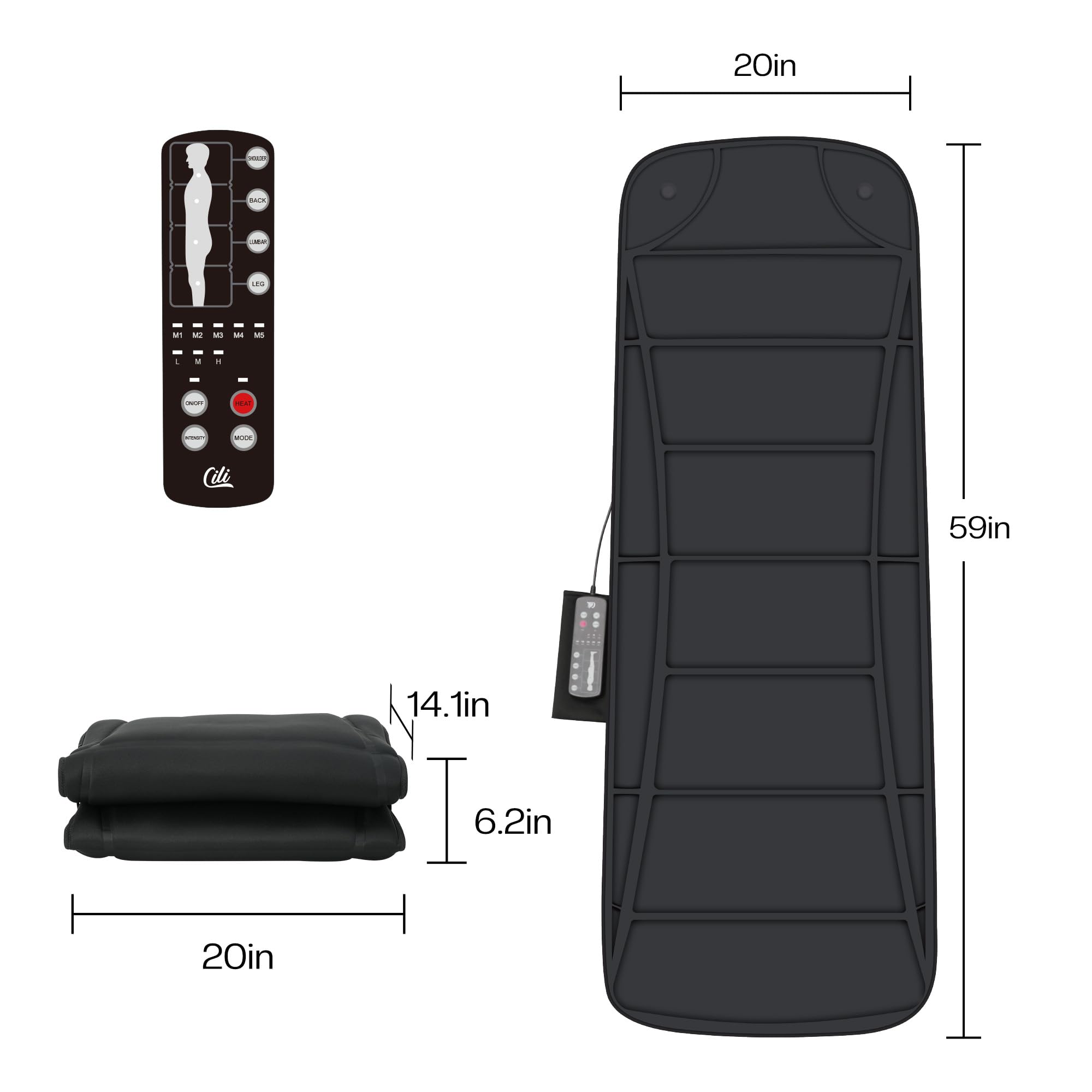 CILI Massage Mat Full Body,Massager Chair Pad,10 Vibration Motors & 5 Massage Modes,Back Massager for Bed,Massage Mattress Pad for Back,Heating Pad with Auto Shut Off, Gifts for Men,Women,Black