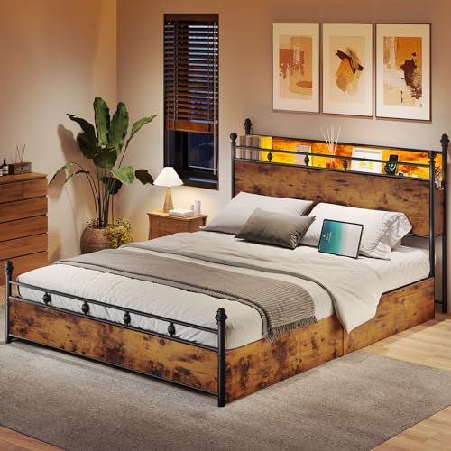 FORABAMB Queen Bed Frame with 4 Drawers, LED Bed Frame Queen Size with Headboard and Charging Station, Metal Platform Bed with Storage, No Box Spring Needed, Easy Assembly, Rustic Brown