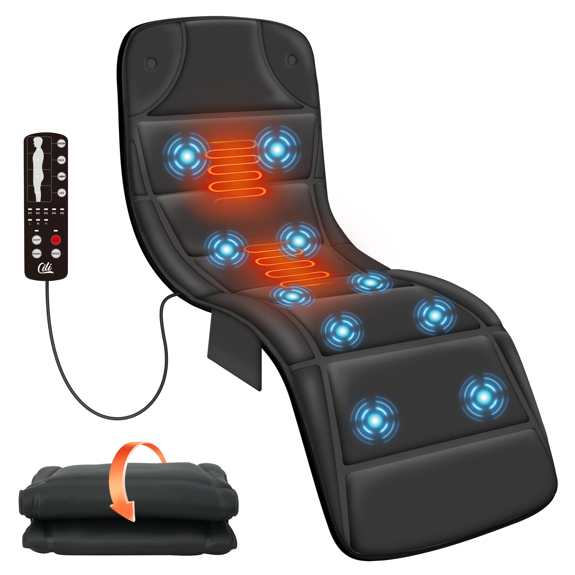 CILI Massage Mat Full Body,Massager Chair Pad,10 Vibration Motors & 5 Massage Modes,Back Massager for Bed,Massage Mattress Pad for Back,Heating Pad with Auto Shut Off, Gifts for Men,Women,Black