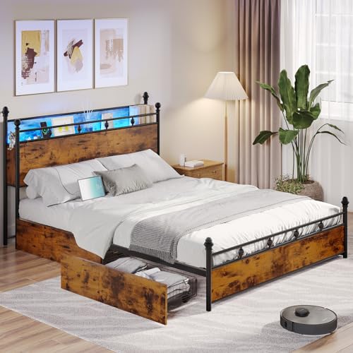 FORABAMB Queen Bed Frame with 4 Drawers, LED Bed Frame Queen Size with Headboard and Charging Station, Metal Platform Bed with Storage, No Box Spring Needed, Easy Assembly, Rustic Brown