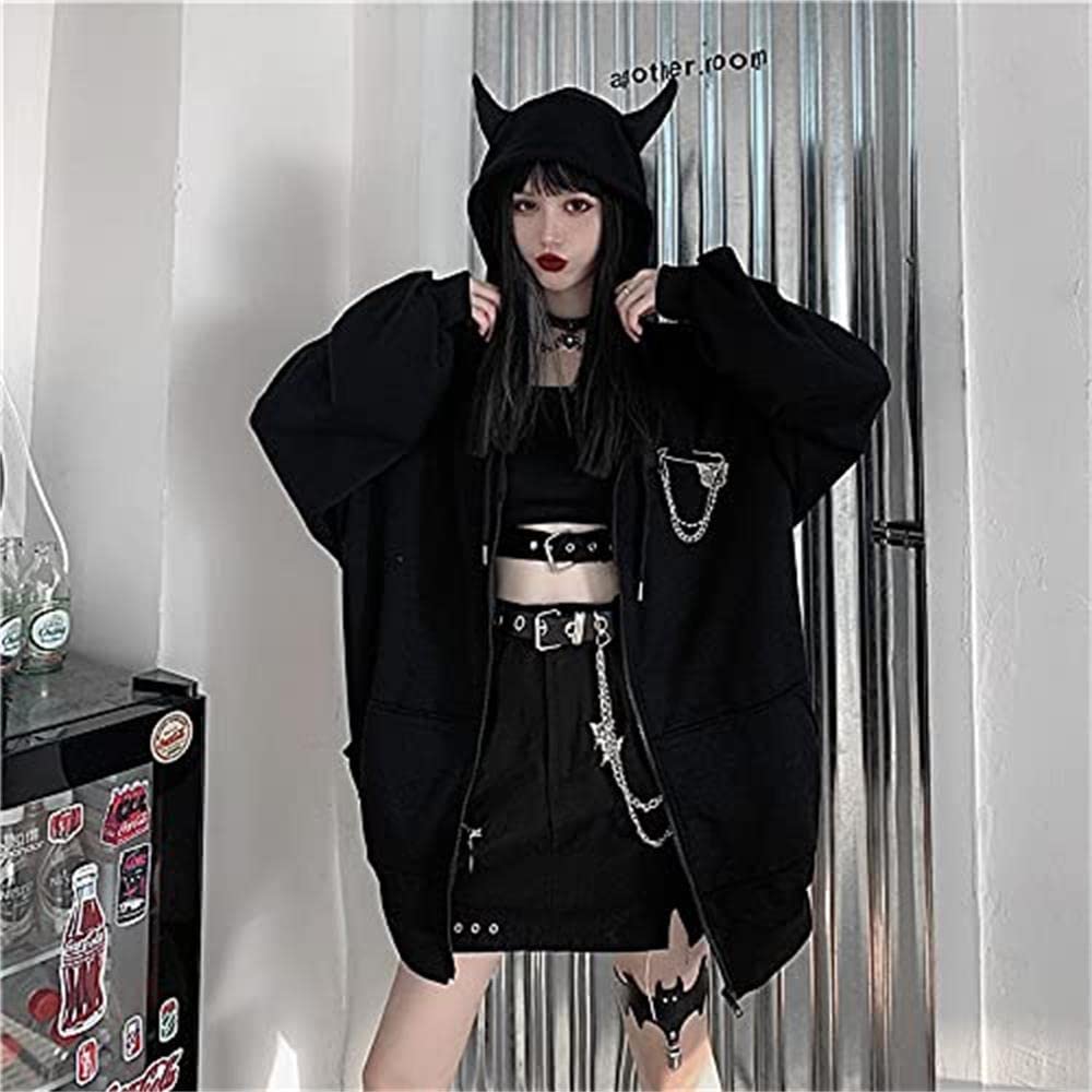 GokeJE Women Oversized Devil Horn hoodie Hooded Y2k Zipper Sweatshirt Casual Loose Long Sleeve Hoodies Pullover Tops Black