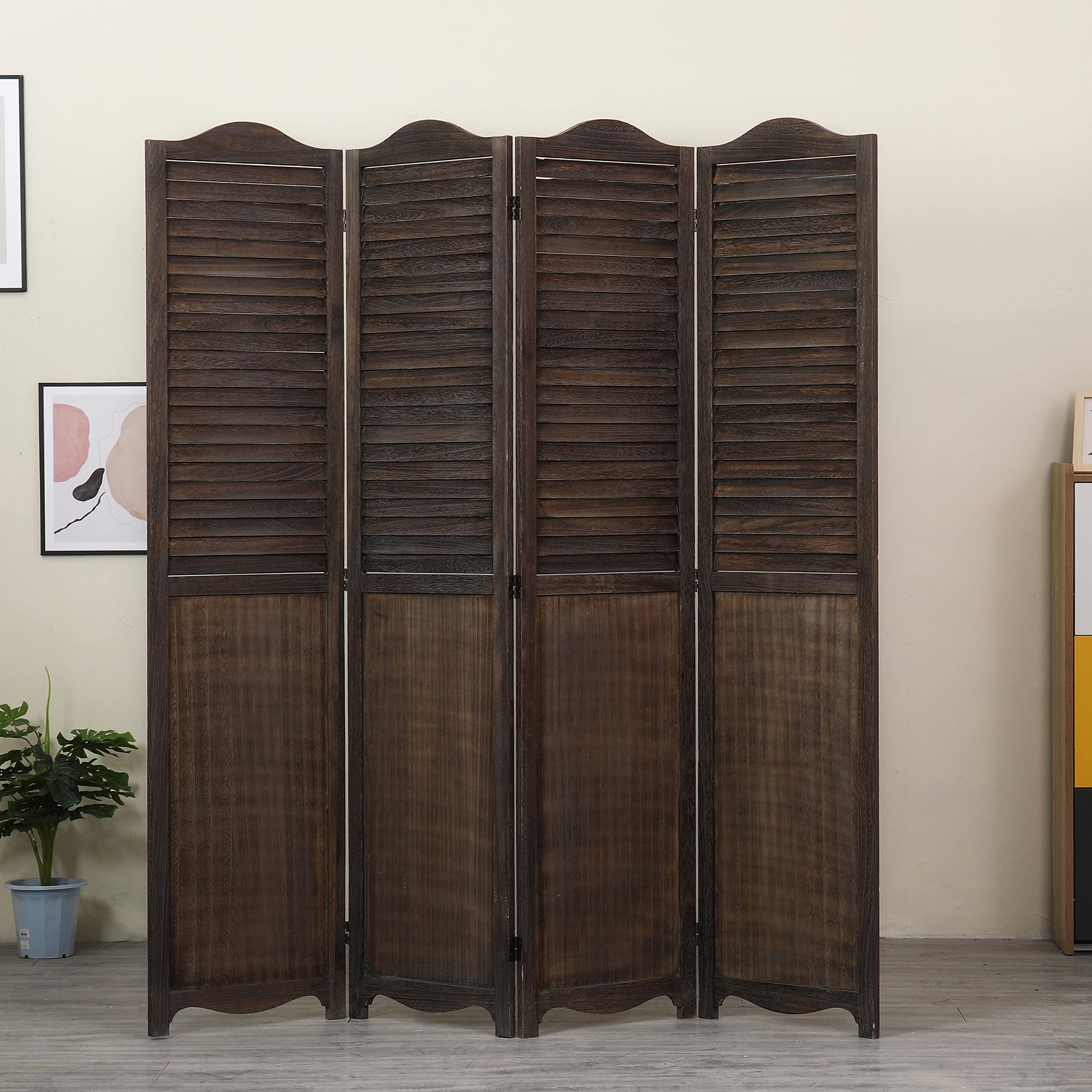 Antique Brown 4-Panels Arc Room Divider w/ Window Shutter Style