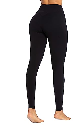 Sunzfly Invisible Butt Scrunch Workout Leggings with Pockets for Women, No Front Seam Gym Yoga Pants with Tummy Control Solid Black