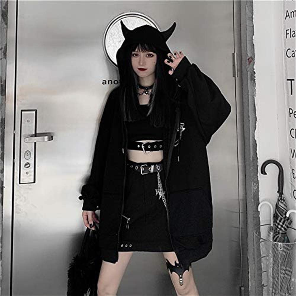 GokeJE Women Oversized Devil Horn hoodie Hooded Y2k Zipper Sweatshirt Casual Loose Long Sleeve Hoodies Pullover Tops Black