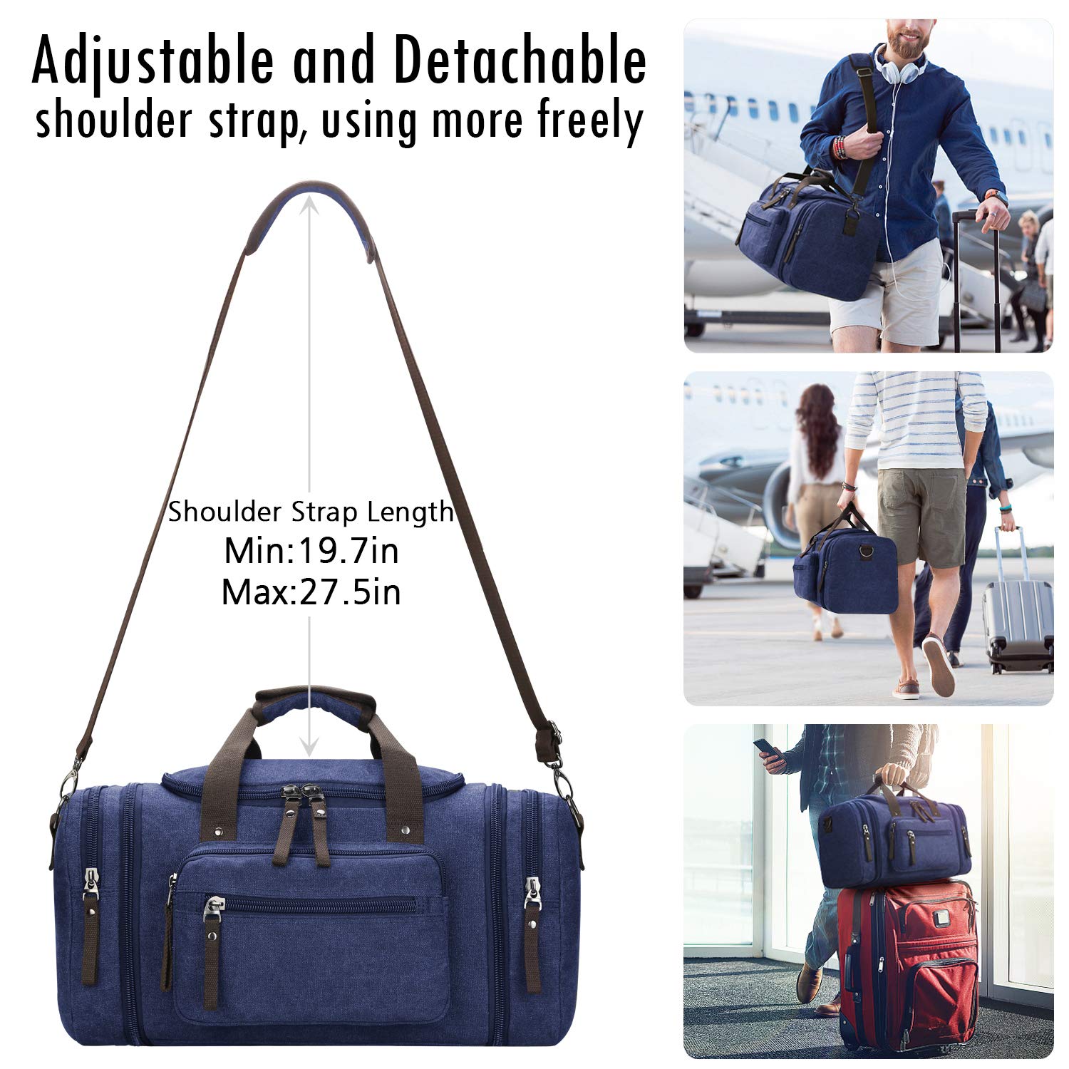 Toupons Canvas Duffel Bag Travel Bag for Men Overnight Bag Weekender Duffle Bag (Blue)