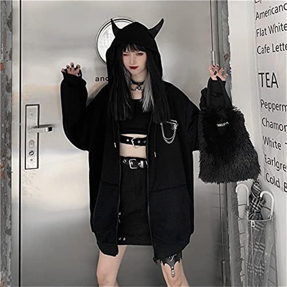 GokeJE Women Oversized Devil Horn hoodie Hooded Y2k Zipper Sweatshirt Casual Loose Long Sleeve Hoodies Pullover Tops Black