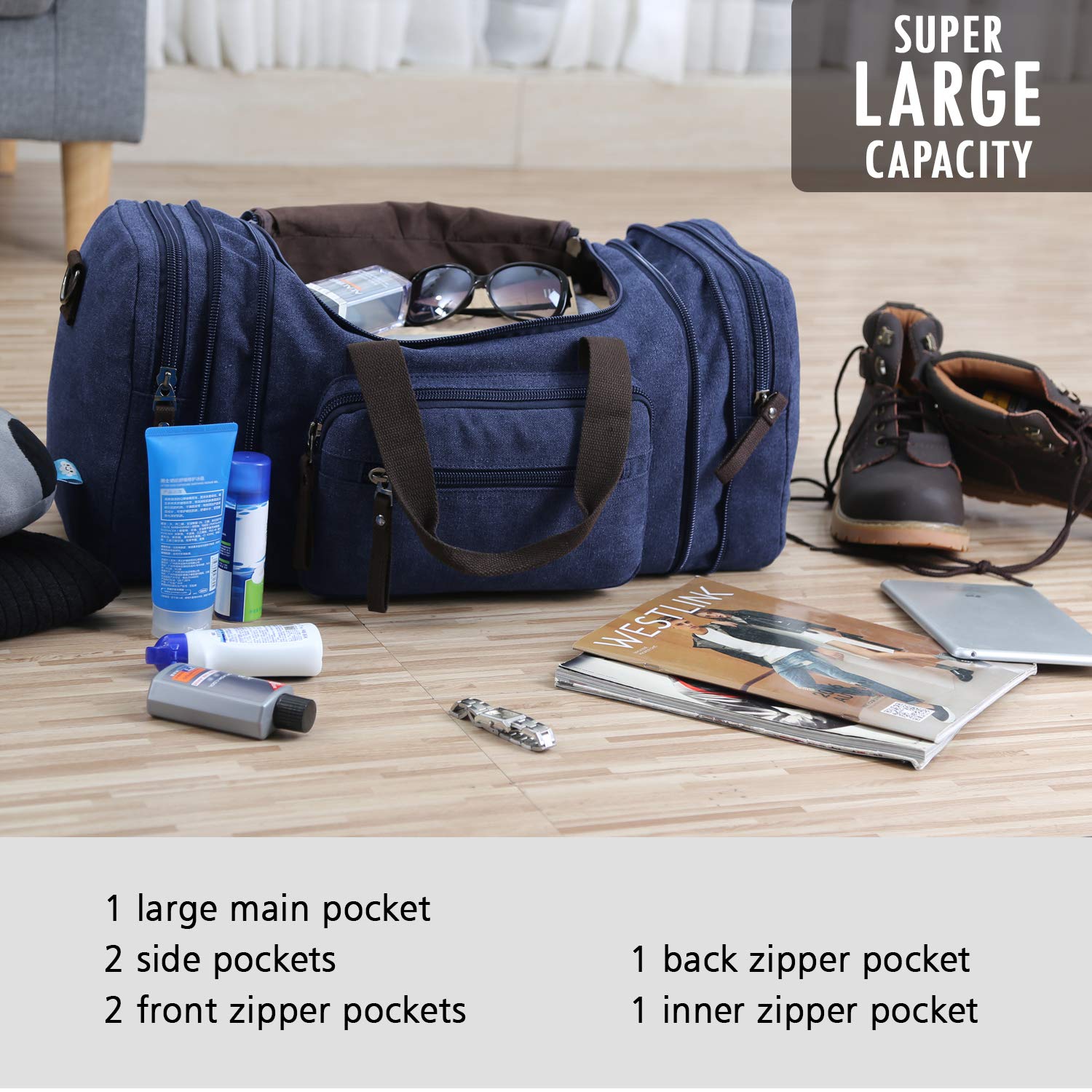 Toupons Canvas Duffel Bag Travel Bag for Men Overnight Bag Weekender Duffle Bag (Blue)
