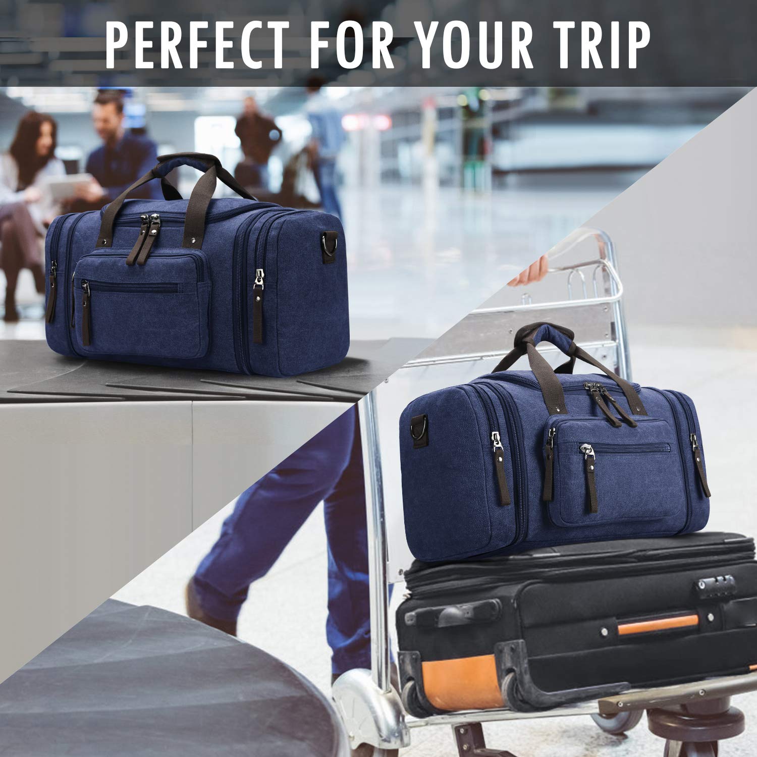 Toupons Canvas Duffel Bag Travel Bag for Men Overnight Bag Weekender Duffle Bag (Blue)