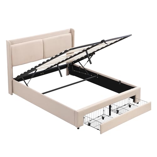 BOVZA Queen Size Lift Upholstered Platform 2 Drawers, Modern Wingback Headboard, Hydraulic Storage Bed Frame, Linen Beige