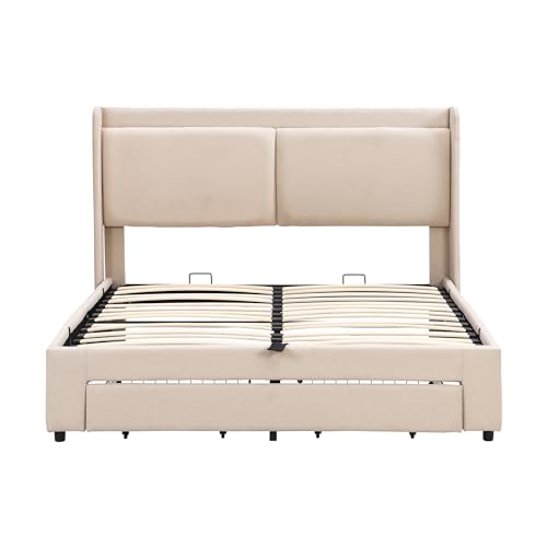 BOVZA Queen Size Lift Upholstered Platform 2 Drawers, Modern Wingback Headboard, Hydraulic Storage Bed Frame, Linen Beige