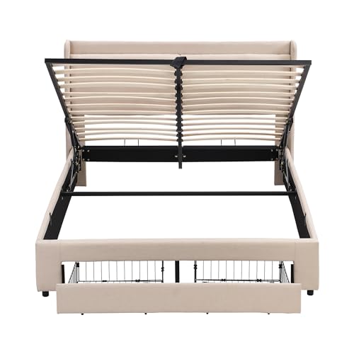 BOVZA Queen Size Lift Upholstered Platform 2 Drawers, Modern Wingback Headboard, Hydraulic Storage Bed Frame, Linen Beige