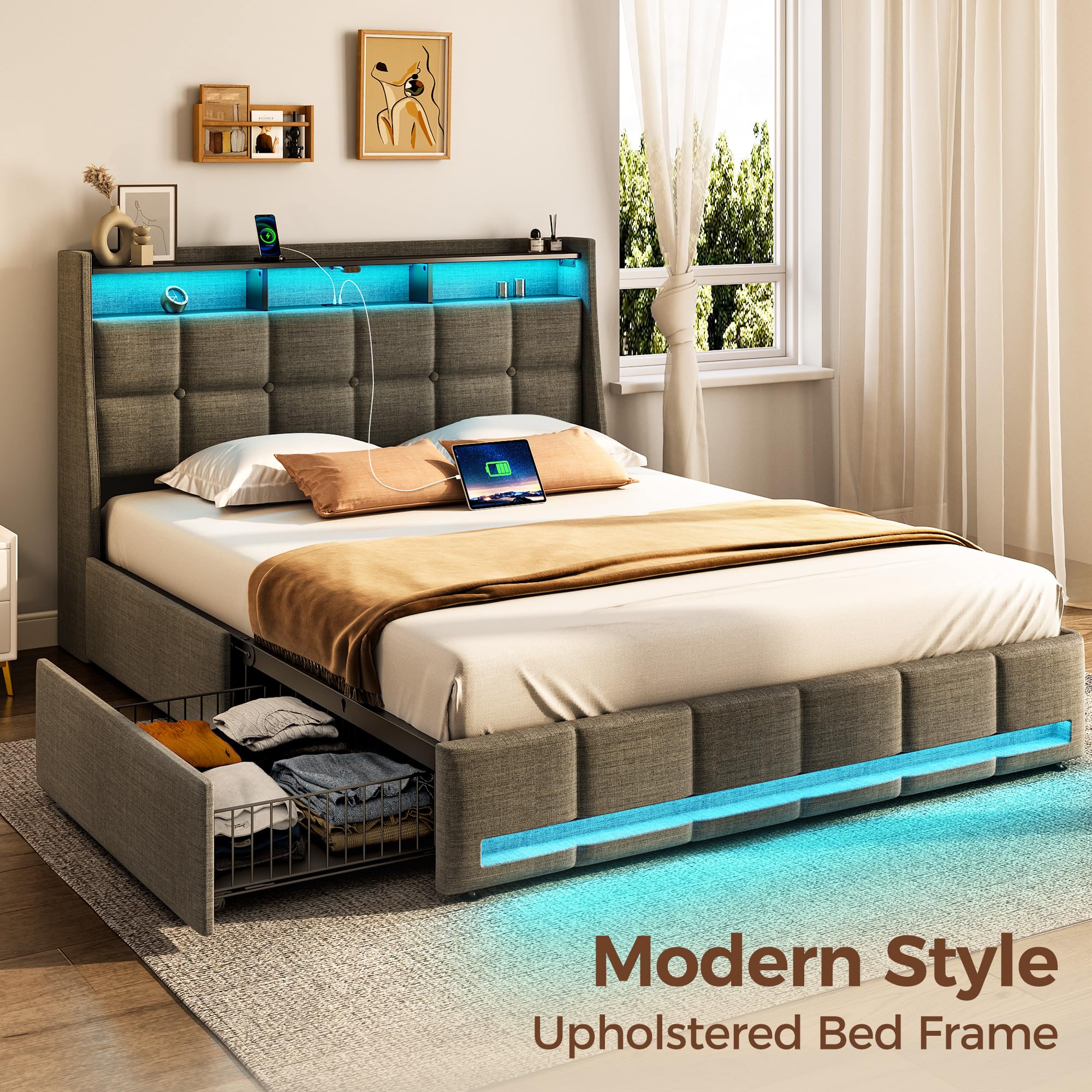Rolanstar Queen Size Bed Frame with LED Lights and Charging Station, Upholstered Bed Storage Headboard & Drawers, Heavy Duty Wood Slats, Easy Assembly
