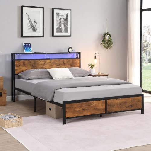 anwickjeff Modern Industrial Queen Bed Frame with LED Lights, Storage Headboard and USB Ports, Queen Size, 800lbs Capacity, Rustic Brown