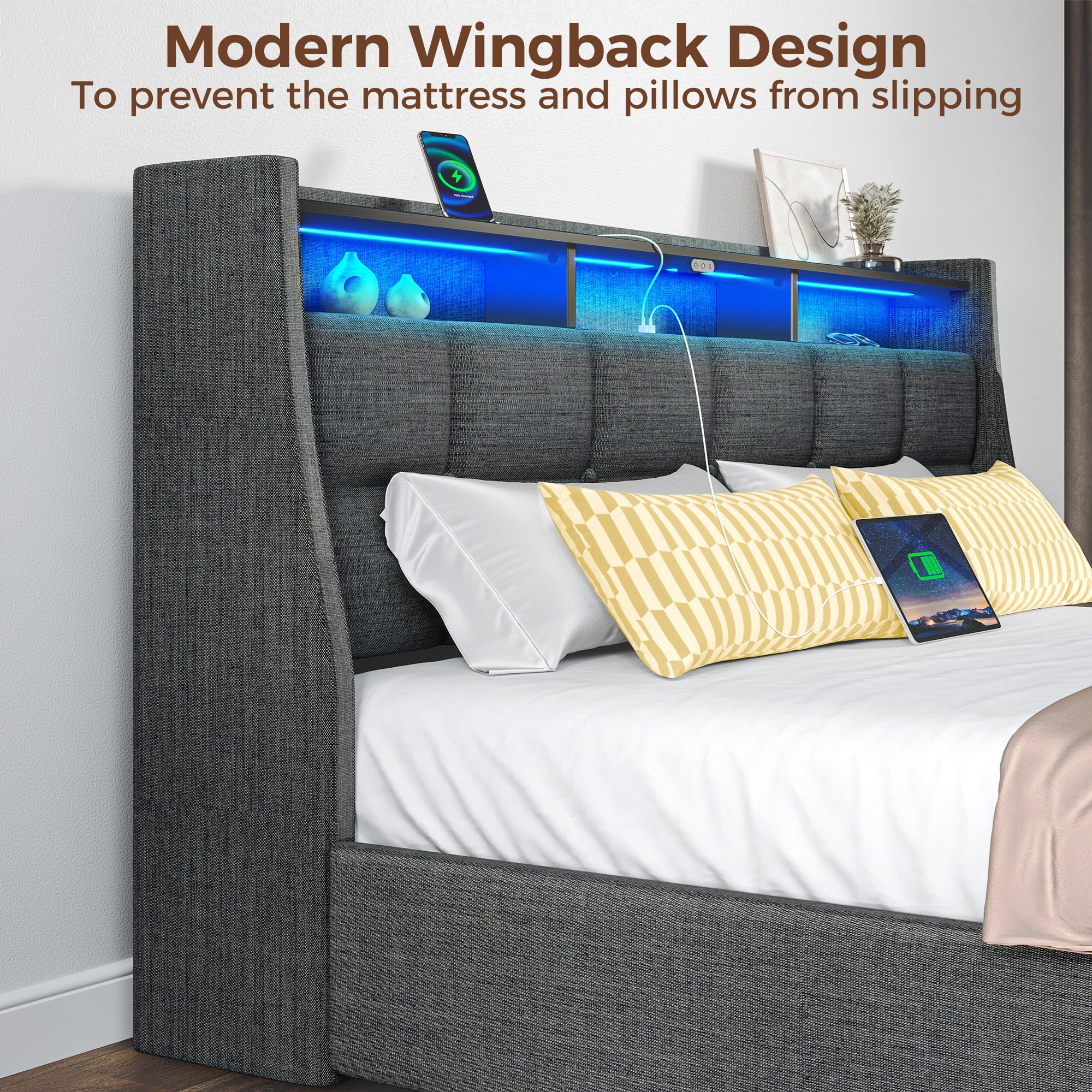 Rolanstar Queen Size Bed Frame with LED Lights and Charging Station, Upholstered Bed Storage Headboard & Drawers, Heavy Duty Wood Slats, Easy Assembly