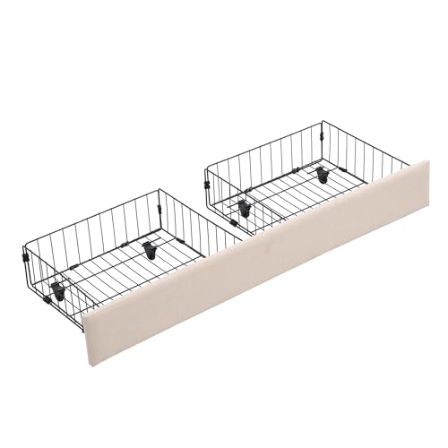BOVZA Queen Size Lift Upholstered Platform 2 Drawers, Modern Wingback Headboard, Hydraulic Storage Bed Frame, Linen Beige