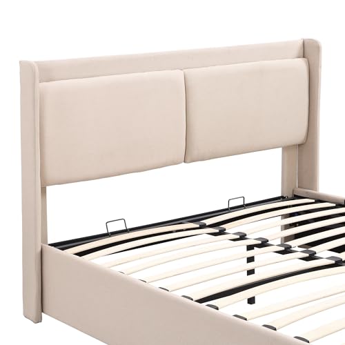 BOVZA Queen Size Lift Upholstered Platform 2 Drawers, Modern Wingback Headboard, Hydraulic Storage Bed Frame, Linen Beige