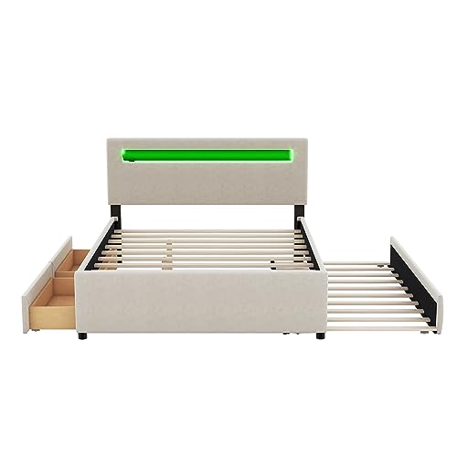 Merax Queen-Size Upholstered Storage Platform Bed with Twin Size Trundle, 2 Drawers, LED and USB Charging, Beige Wood Bed Frame