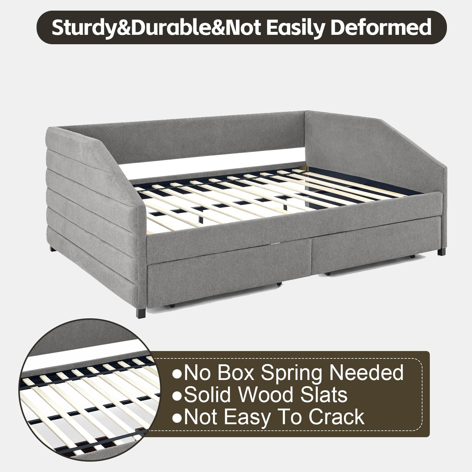 JEEOHEY Queen Size Daybed with Storage, Modern Upholstered Linen Sofa Bed with 2 Pull-Out Drawers for Apartment Living Room Guest Room, Solid Wood Trundle Day Bed Frame, No Box Spring Needed, Grey
