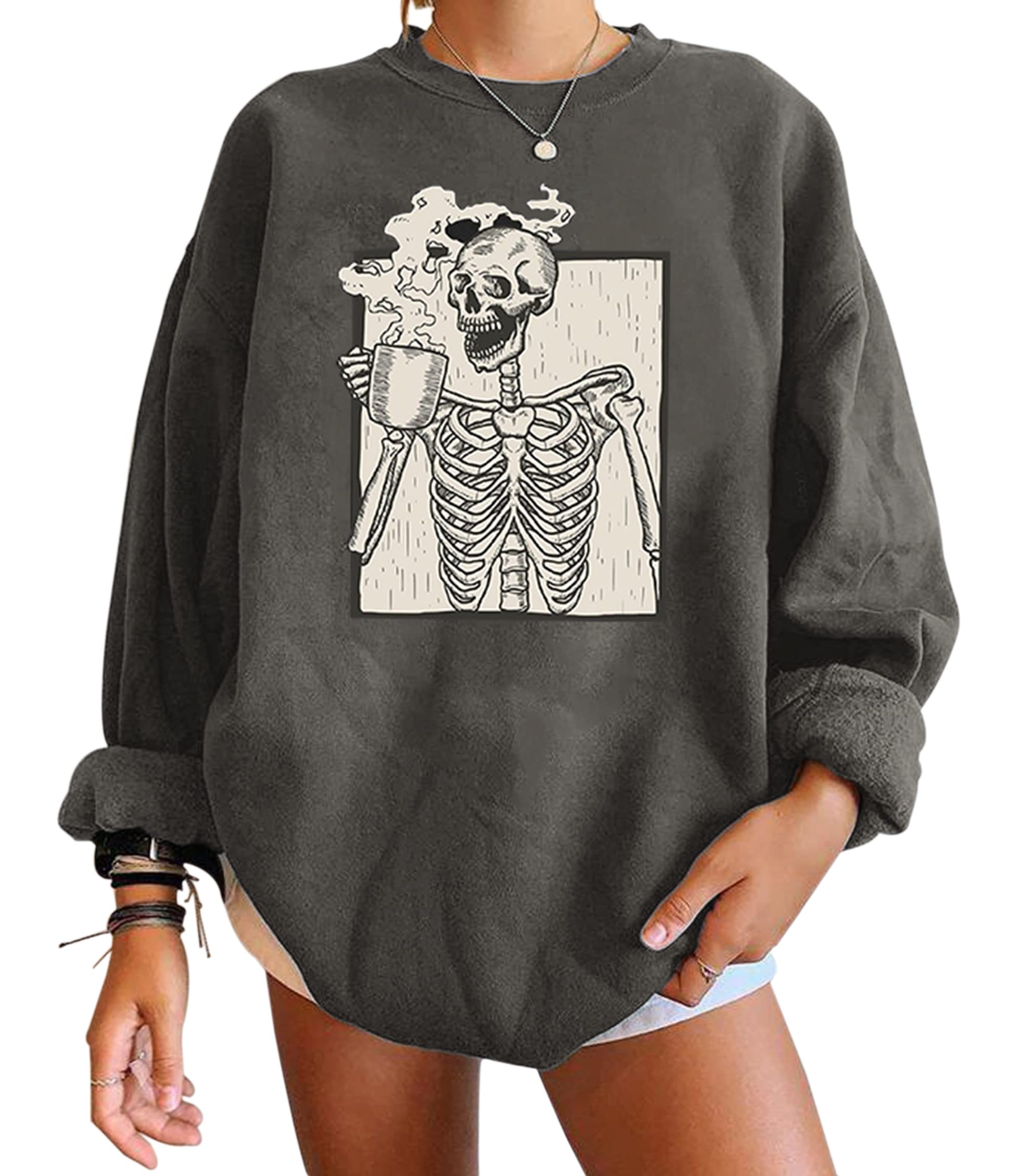 Meladyan womens Halloween Skull Graphic Print Fleece Oversized Sweatshirt Crewneck Long Sleeve Drop Shoulder Pullover, Dark Grey, X-Large
