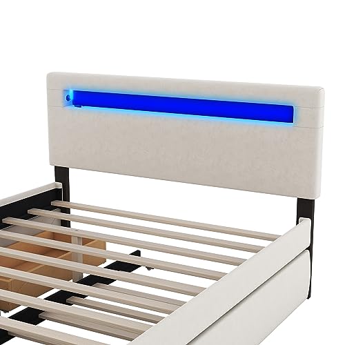Merax Queen-Size Upholstered Storage Platform Bed with Twin Size Trundle, 2 Drawers, LED and USB Charging, Beige Wood Bed Frame