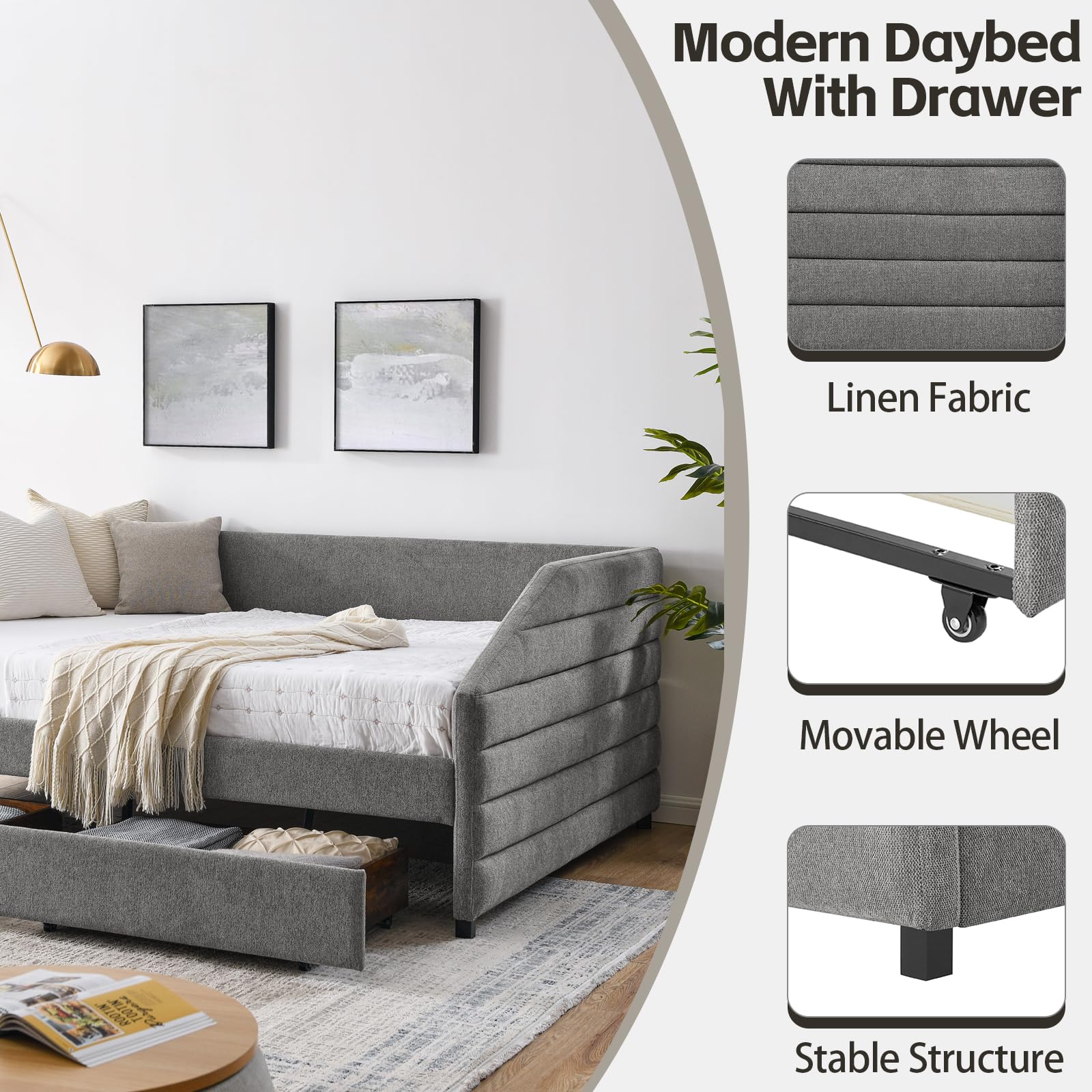 JEEOHEY Queen Size Daybed with Storage, Modern Upholstered Linen Sofa Bed with 2 Pull-Out Drawers for Apartment Living Room Guest Room, Solid Wood Trundle Day Bed Frame, No Box Spring Needed, Grey