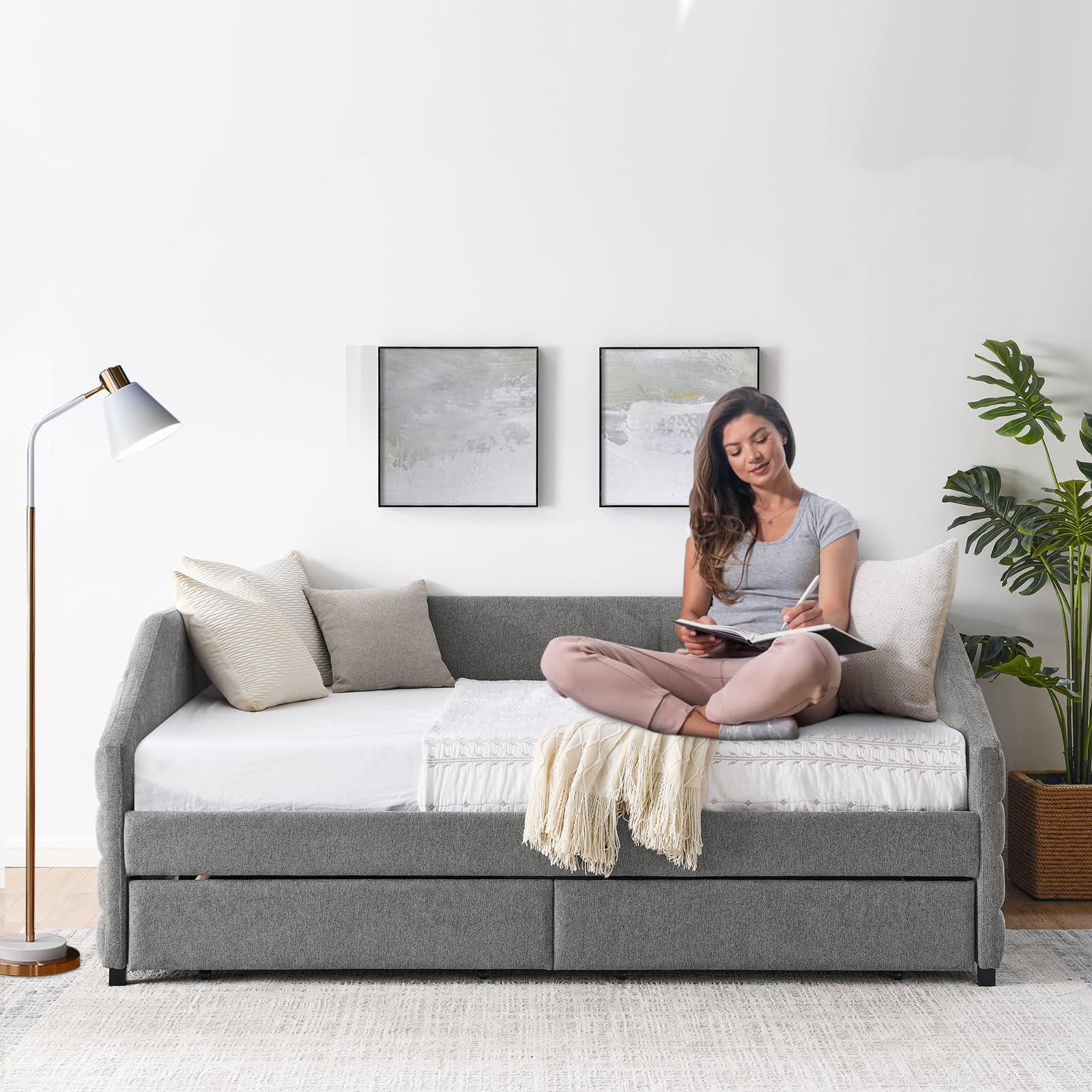 JEEOHEY Queen Size Daybed with Storage, Modern Upholstered Linen Sofa Bed with 2 Pull-Out Drawers for Apartment Living Room Guest Room, Solid Wood Trundle Day Bed Frame, No Box Spring Needed, Grey