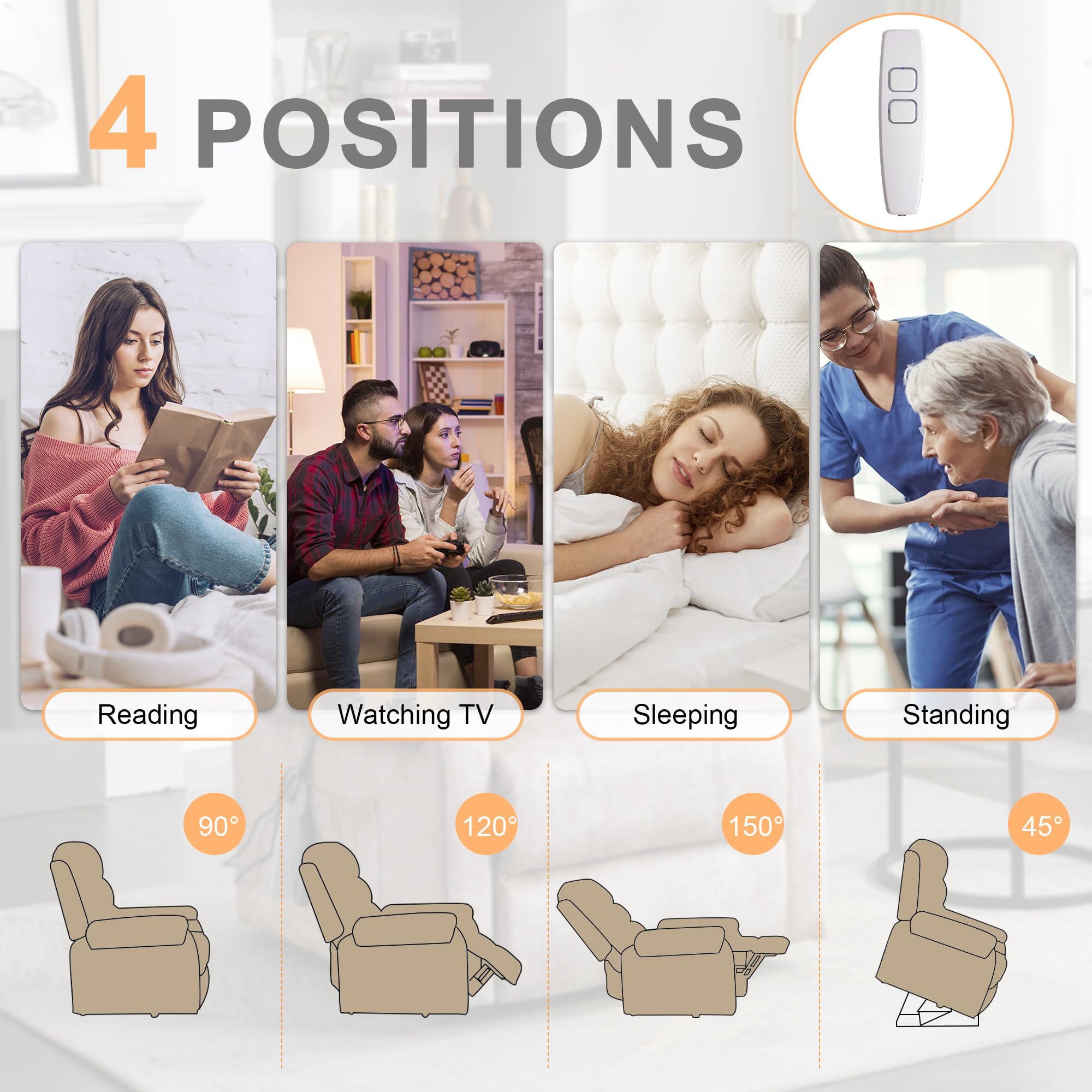 URRED Power Lift Recliner Chair Sofa with Vibration Massage and Lumbar Heat, Designed for Elderly, Infinite Positions, Lumbar Pillow, Side Pockets, USB Ports (Gray)