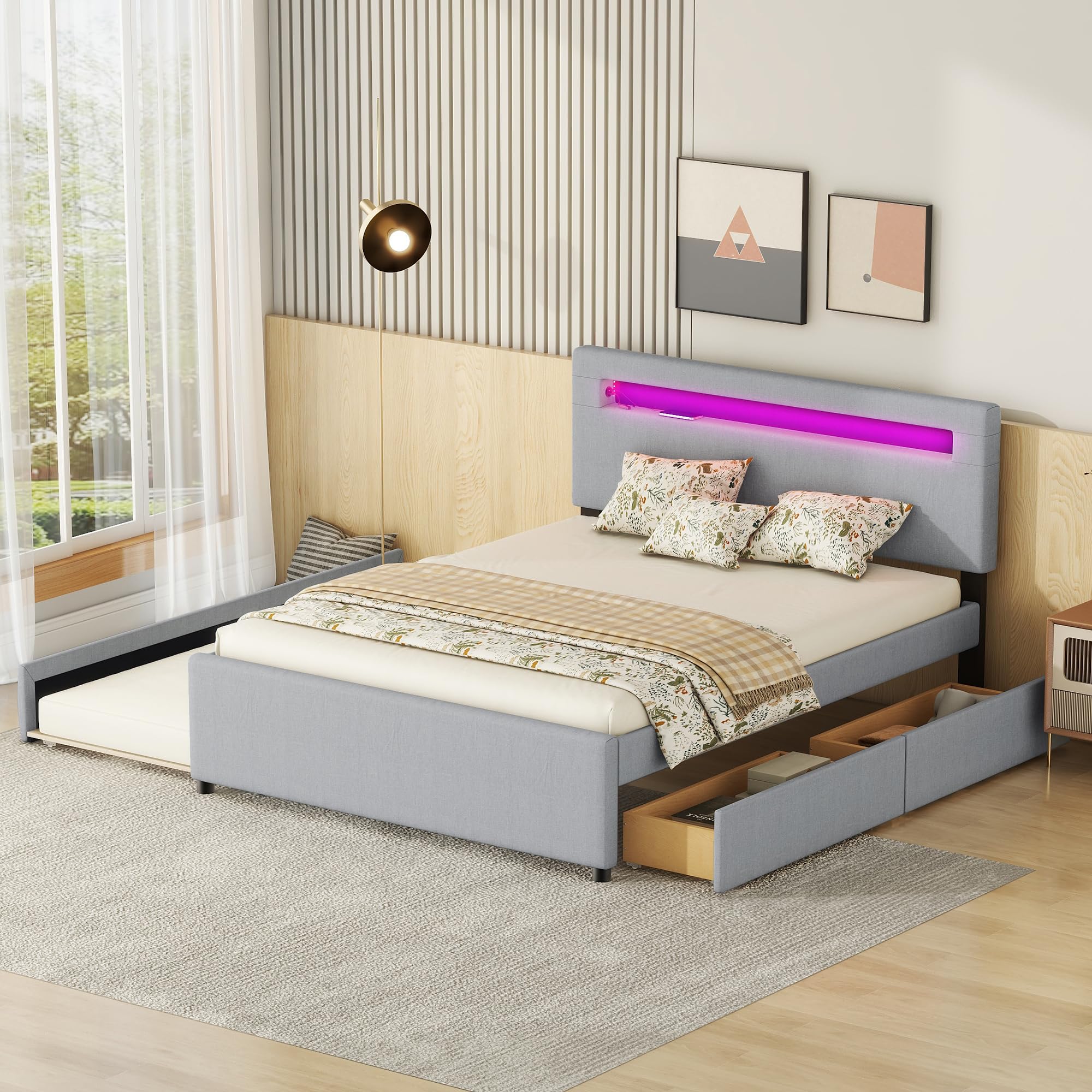 GJHOME Queen Size Upholstered Platform Bed with 2 Storage Drawers and Twin Trundle, LED Lights and USB Charging, Linen Queen Bed Frame with Headboard and Wood Slat Support, Gray