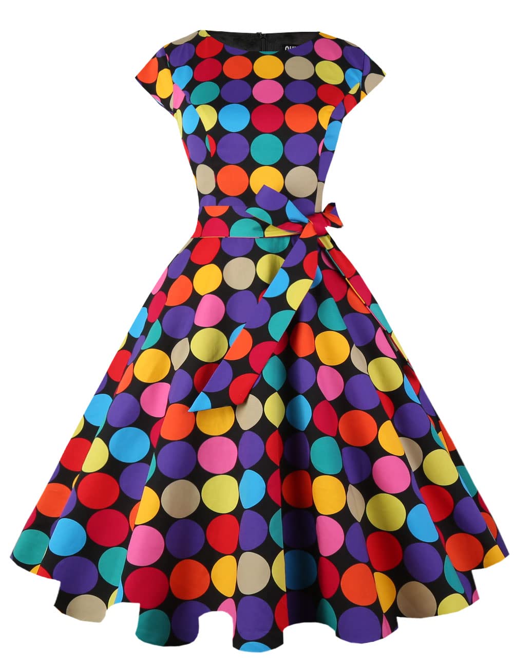 PUKAVT Women's 1950 Boatneck Cap Sleeve Vintage Swing Cocktail Party Dress with Pockets Black ColorfulDot M