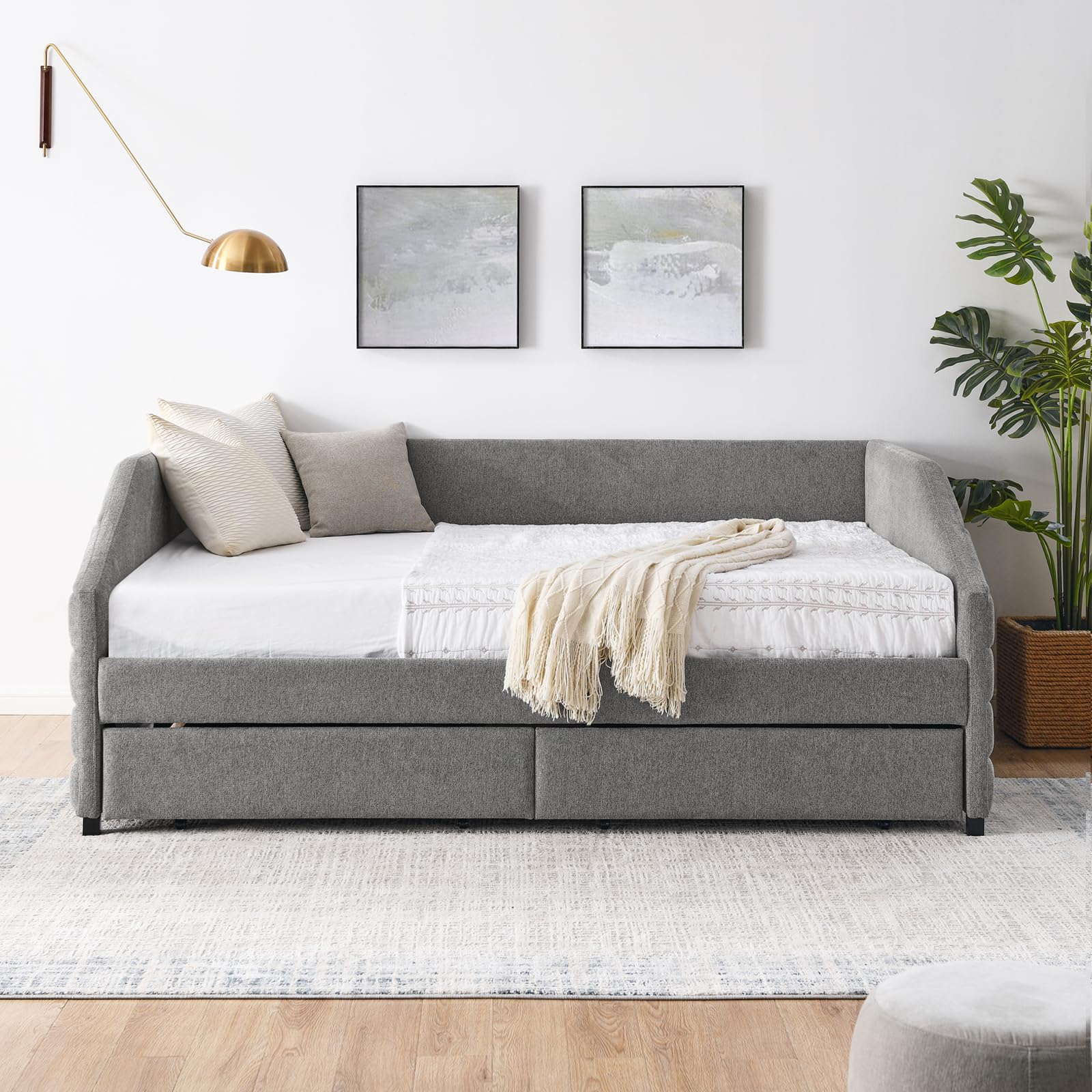 JEEOHEY Queen Size Daybed with Storage, Modern Upholstered Linen Sofa Bed with 2 Pull-Out Drawers for Apartment Living Room Guest Room, Solid Wood Trundle Day Bed Frame, No Box Spring Needed, Grey