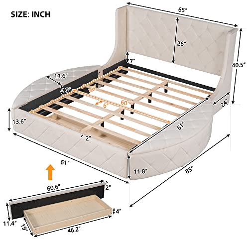 Prohon Upholstered Platform Bed with Wingback Headboard and 1 Big Drawer,2 Side Storage Stool, Velvet Tufted Bed Frame Queen Size, No Box Spring Needed, Easy to Install, Wooden Slats Support, Beige