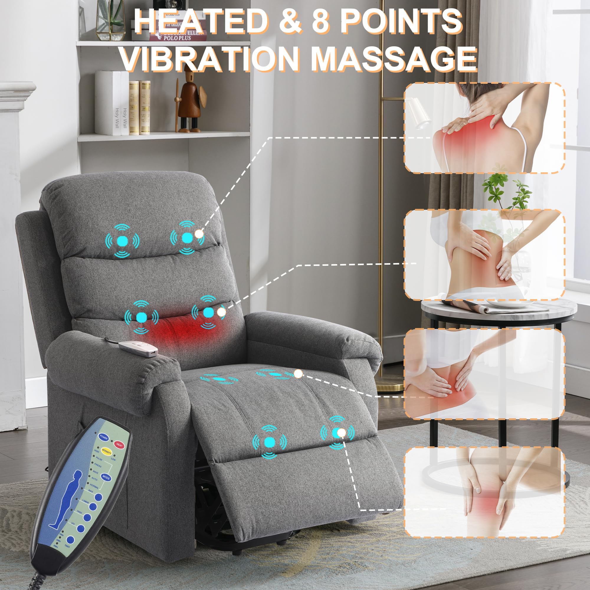 URRED Power Lift Recliner Chair Sofa with Vibration Massage and Lumbar Heat, Designed for Elderly, Infinite Positions, Lumbar Pillow, Side Pockets, USB Ports (Gray)