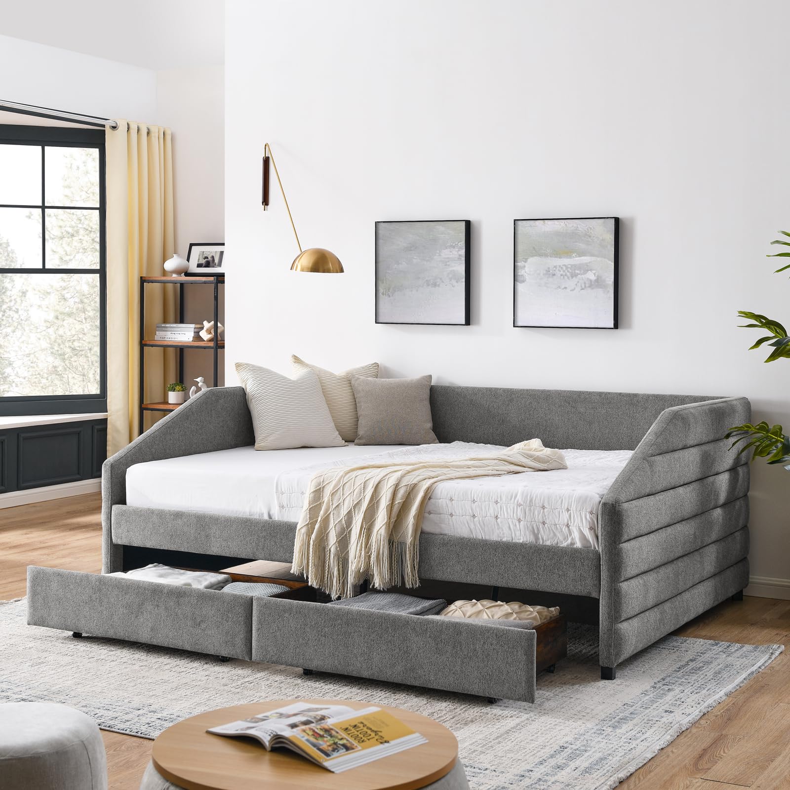 JEEOHEY Queen Size Daybed with Storage, Modern Upholstered Linen Sofa Bed with 2 Pull-Out Drawers for Apartment Living Room Guest Room, Solid Wood Trundle Day Bed Frame, No Box Spring Needed, Grey