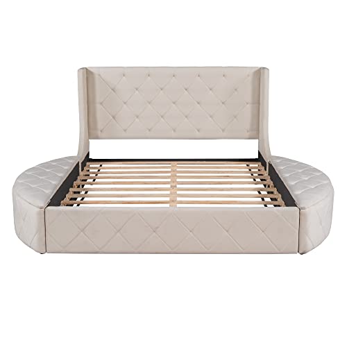 Prohon Upholstered Platform Bed with Wingback Headboard and 1 Big Drawer,2 Side Storage Stool, Velvet Tufted Bed Frame Queen Size, No Box Spring Needed, Easy to Install, Wooden Slats Support, Beige