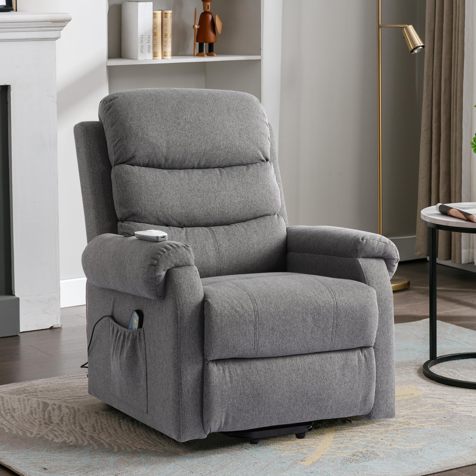URRED Power Lift Recliner Chair Sofa with Vibration Massage and Lumbar Heat, Designed for Elderly, Infinite Positions, Lumbar Pillow, Side Pockets, USB Ports (Gray)
