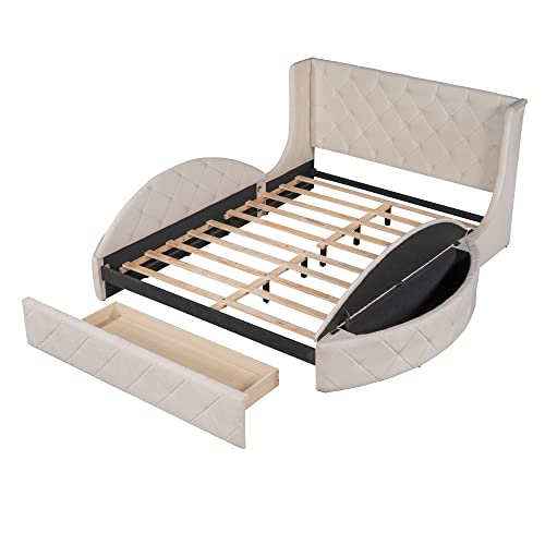 Prohon Upholstered Platform Bed with Wingback Headboard and 1 Big Drawer,2 Side Storage Stool, Velvet Tufted Bed Frame Queen Size, No Box Spring Needed, Easy to Install, Wooden Slats Support, Beige