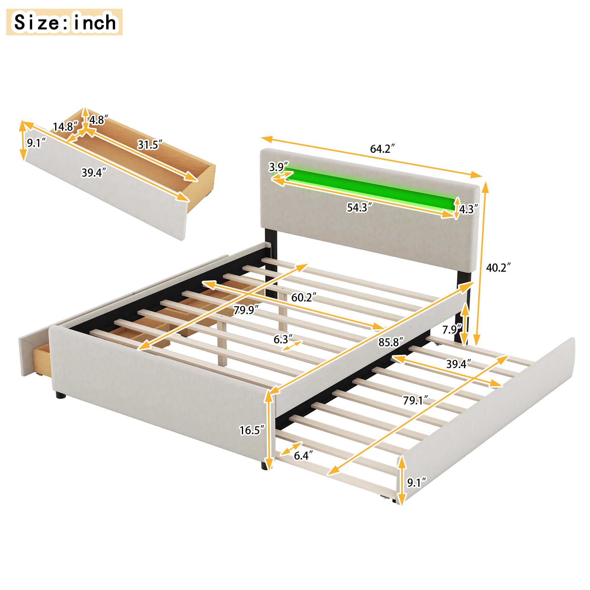 LAVHOME Queen Size Upholstered Platform Bed with 2 Storage Drawers and Twin Trundle, LED Lights and USB Charging, Linen Queen Bed Frame with Headboard and Wood Slat Support,Beige